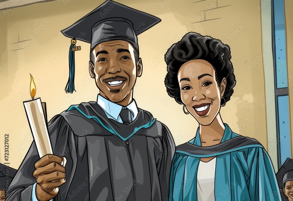 The illustration captures a heartwarming moment between a proud ...