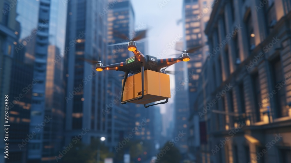 Robot delivering box. Flying drone hold package. Air copter with ...