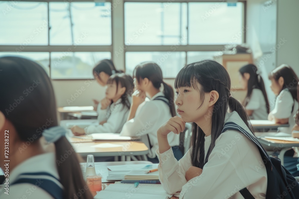 A cheerful scene unfolds in a bright classroom with students wearing ...
