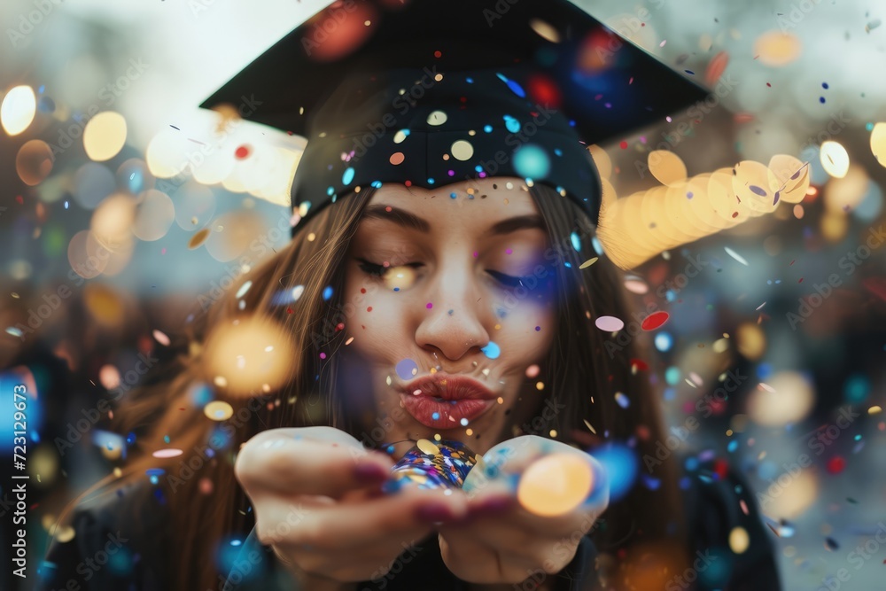 The image depicts a jubilant moment of achievement, with a young woman ...