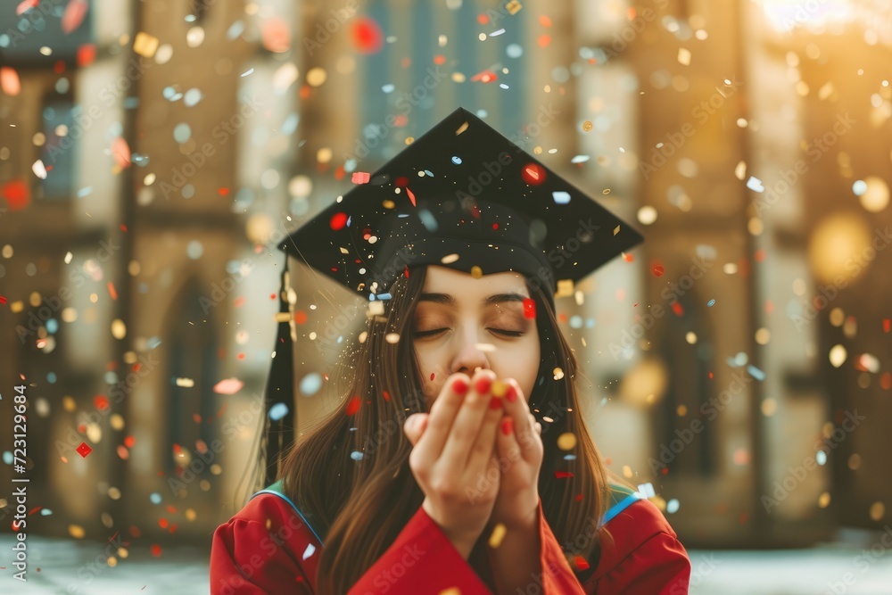The image depicts a jubilant moment of achievement, with a young woman ...