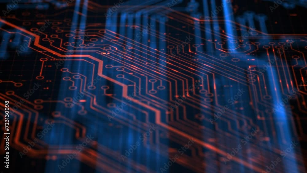 Blue futuristic printed circuit board. 3D render abstract network ...