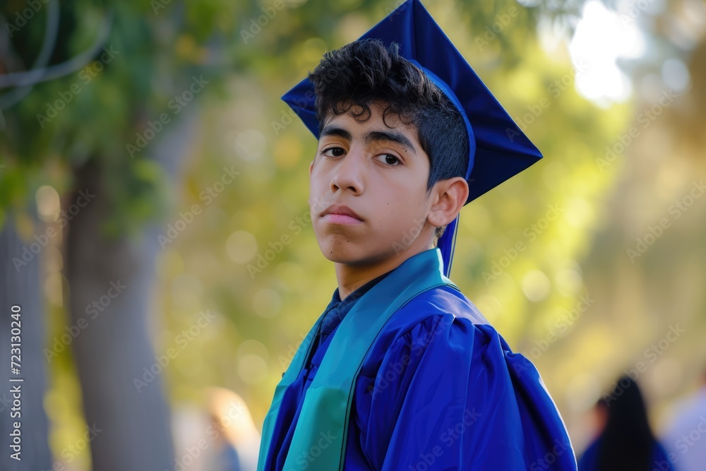 In this inspiring scene, a young male graduate stands proudly under a ...