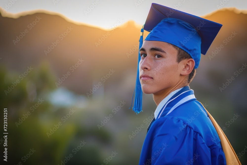 In this inspiring scene, a young male graduate stands proudly under a ...