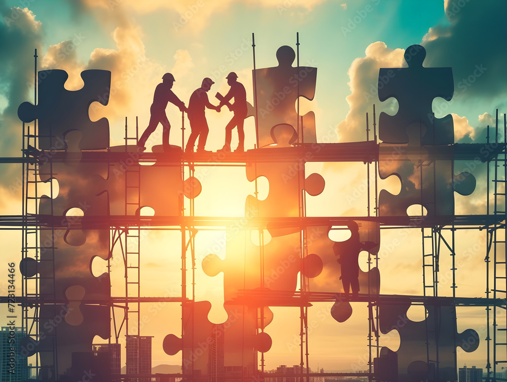 Concept of Teamwork and Collaboration: Silhouetted Figures Assembling Jigsaw Puzzle in Golden ...