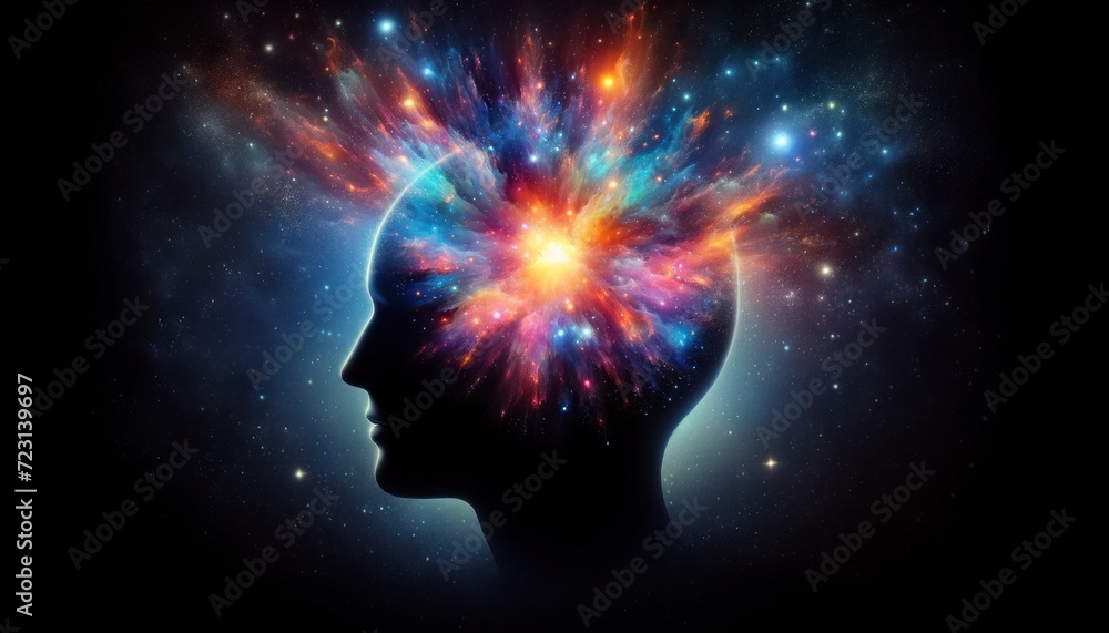 A silhouette of a human head against a starry backdrop, with a cosmic ...