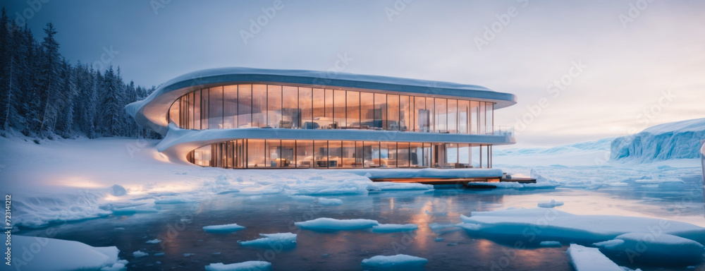cozy modern house with bionic. Modern museum snow glacier in Antarctica ...