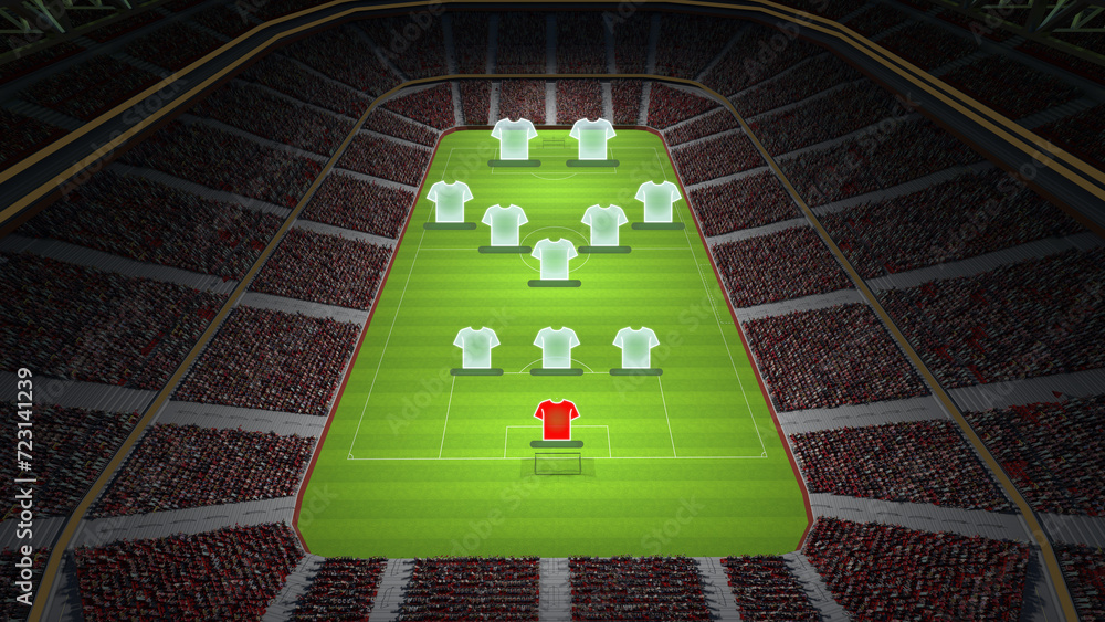 Aerial view of a soccer pitch with a formation layout and highlighted ...