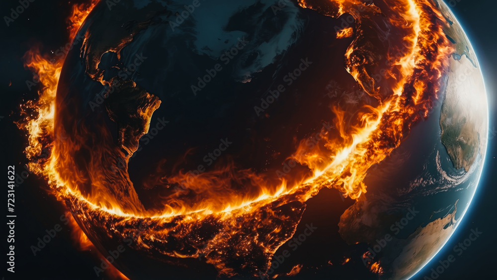planet to destroyed, earth burns in outer space, the world on fire with ...
