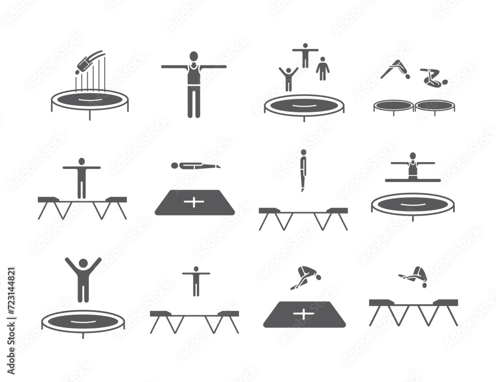 Trampoline jumping icons. Acrobatics signs. Sports jumping on a ...