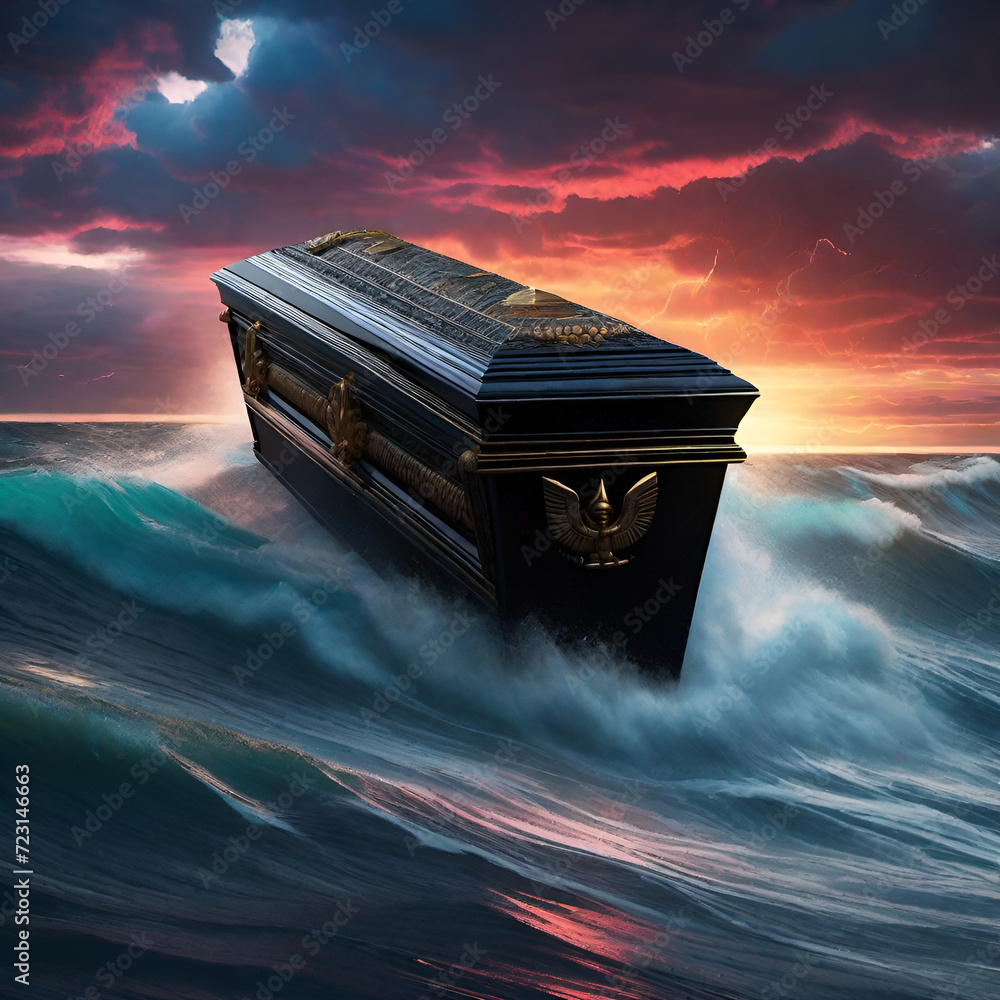 AI-generated illustration of a black coffin with an Egyptian emblem ...