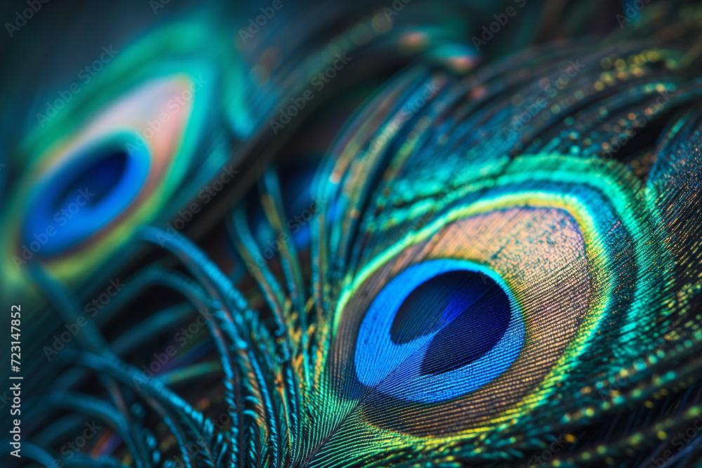 Blue peacock feathers in closeup. Peacock feather side view closeup ...