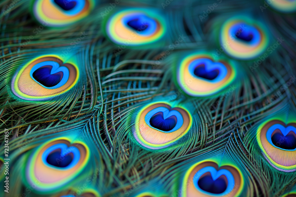 Blue peacock feathers in closeup. Peacock feather side view closeup ...