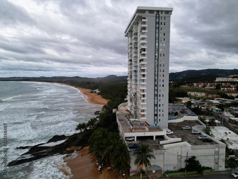 tall seaside residential buildings in Luquillo, Puerto Rico (aerial ...