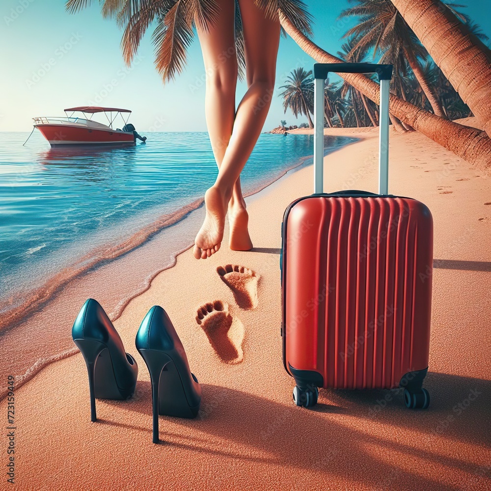 Beautiful women's feet, big red suitcase, green gorgeous high heel ...