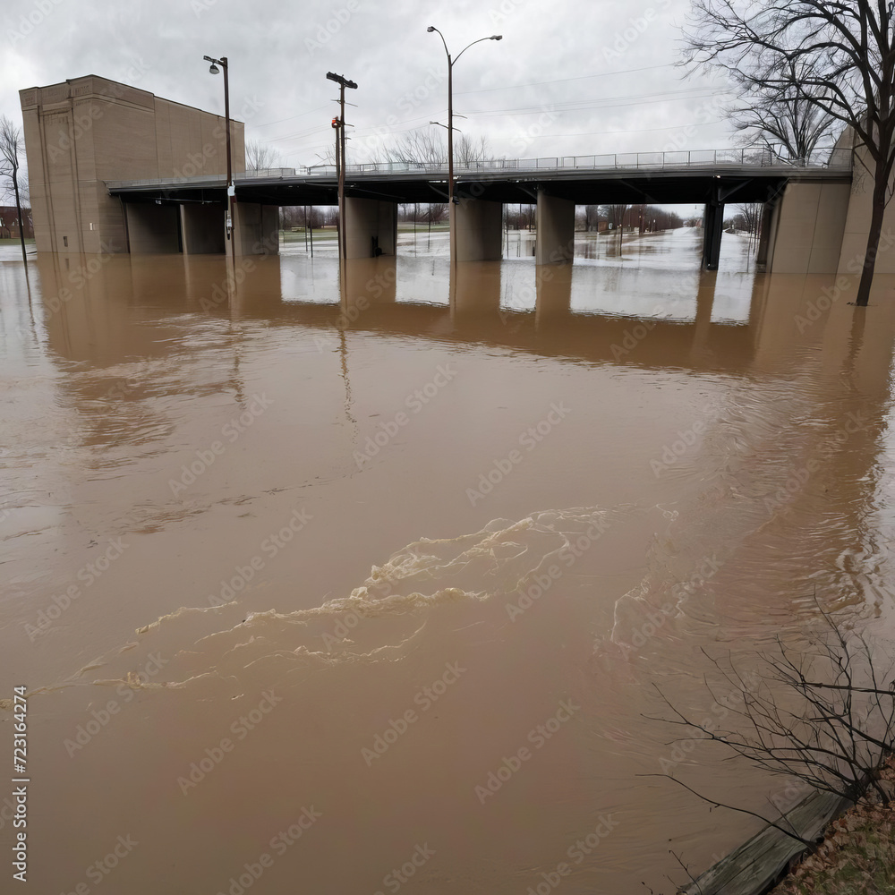 Urban Flood Devastation - Indianapolis submerged in massive flood with flood barriers and sewage ...