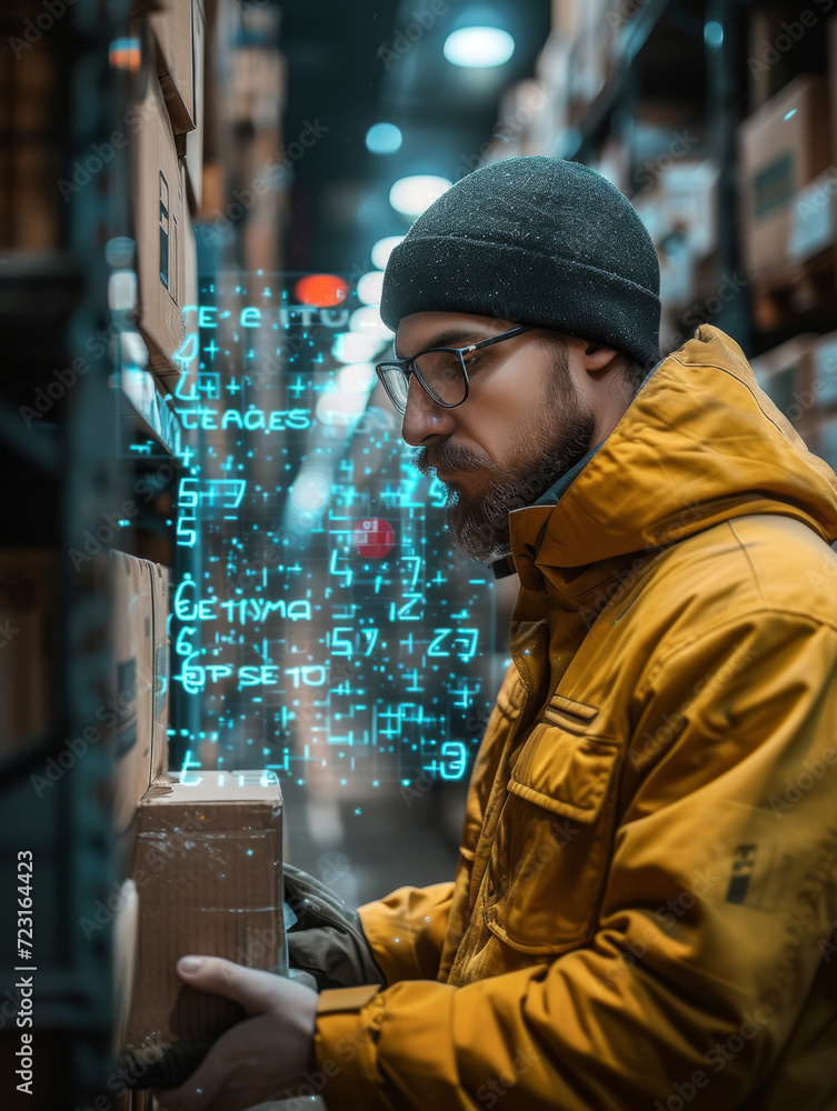 Warehouse Worker with Data Analytics Overlay. A focused warehouse ...