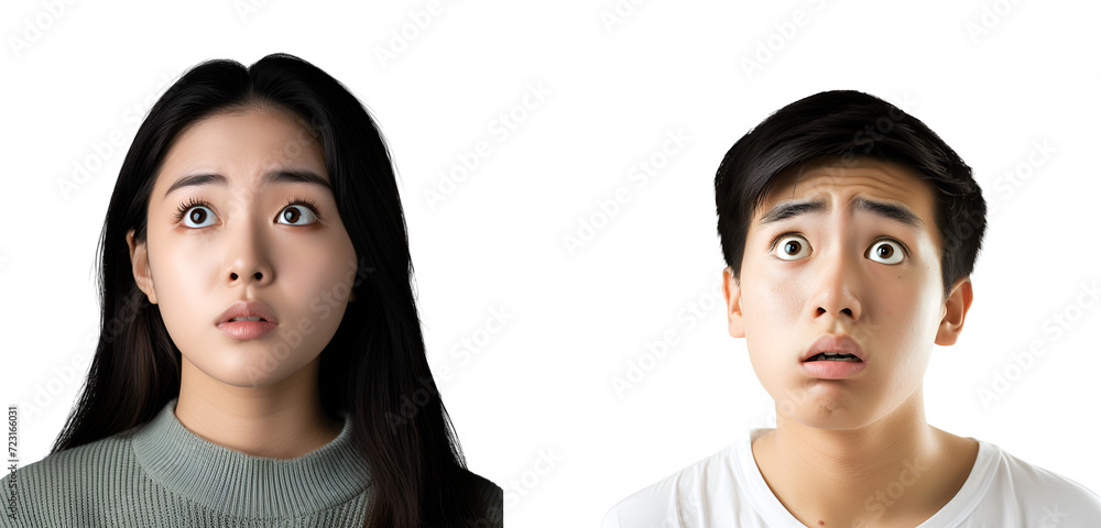 Anxious Korean man and woman: A pair of worried Asians, Isolated on ...
