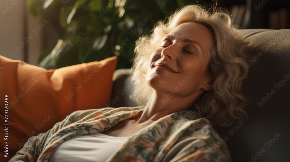 Relaxed serene pretty young woman feel fatigue lounge on comfortable ...