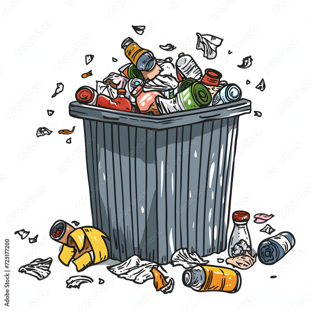 Garbage overflowing from a bin isolated on white background, doodle ...