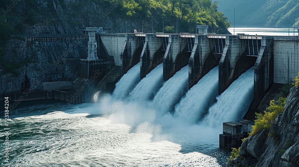 Portrait a large dam with water flowing out. Hydroelectric power plant ...