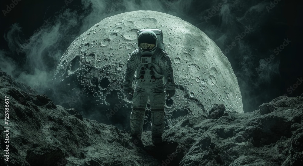 An intrepid astronaut gazes out at the rugged lunar landscape, the soft glow of the moon casting ...