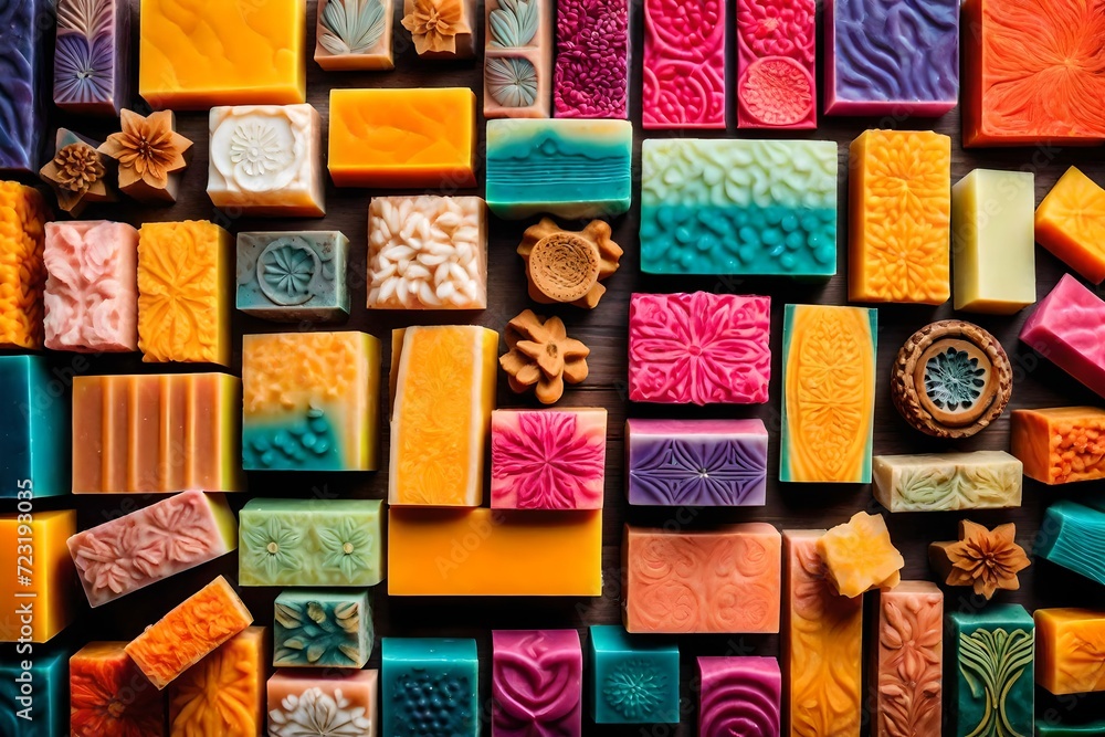 Vibrant, home-made soap bars arranged in an aesthetically pleasing ...
