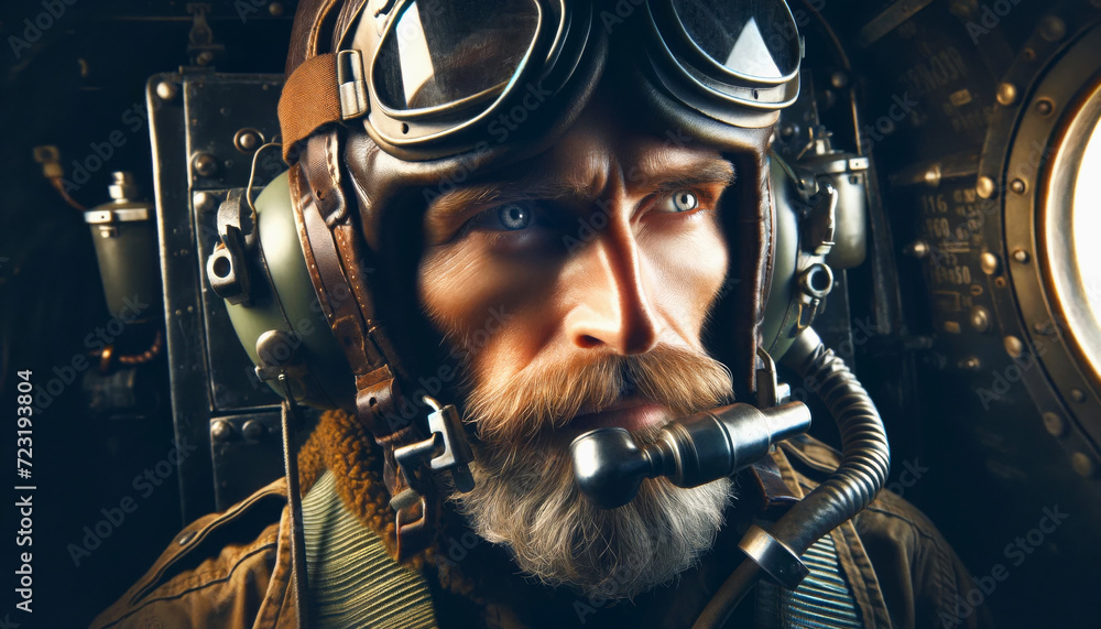A bearded pilot in vintage aviator gear with intense eyes, inside an ...