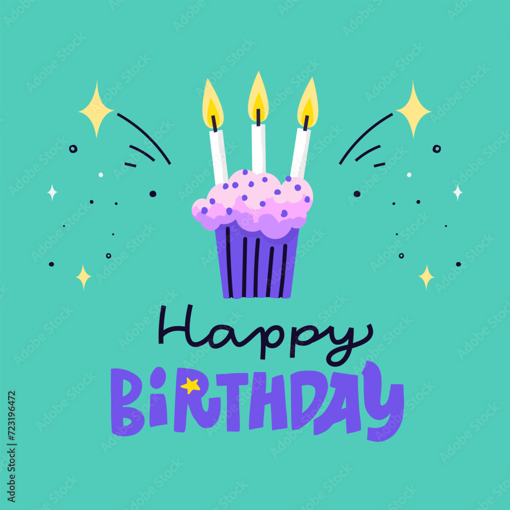 Greeting card hand drawn lettering text. Purple birthday cake and ...