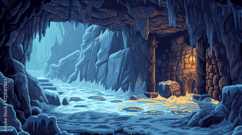 pixel art of ice cave dungeon background battle scene in RPG old school ...