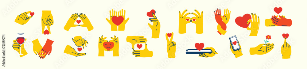 Big collection with I love you hand and heart signs. Set of Valentine ...