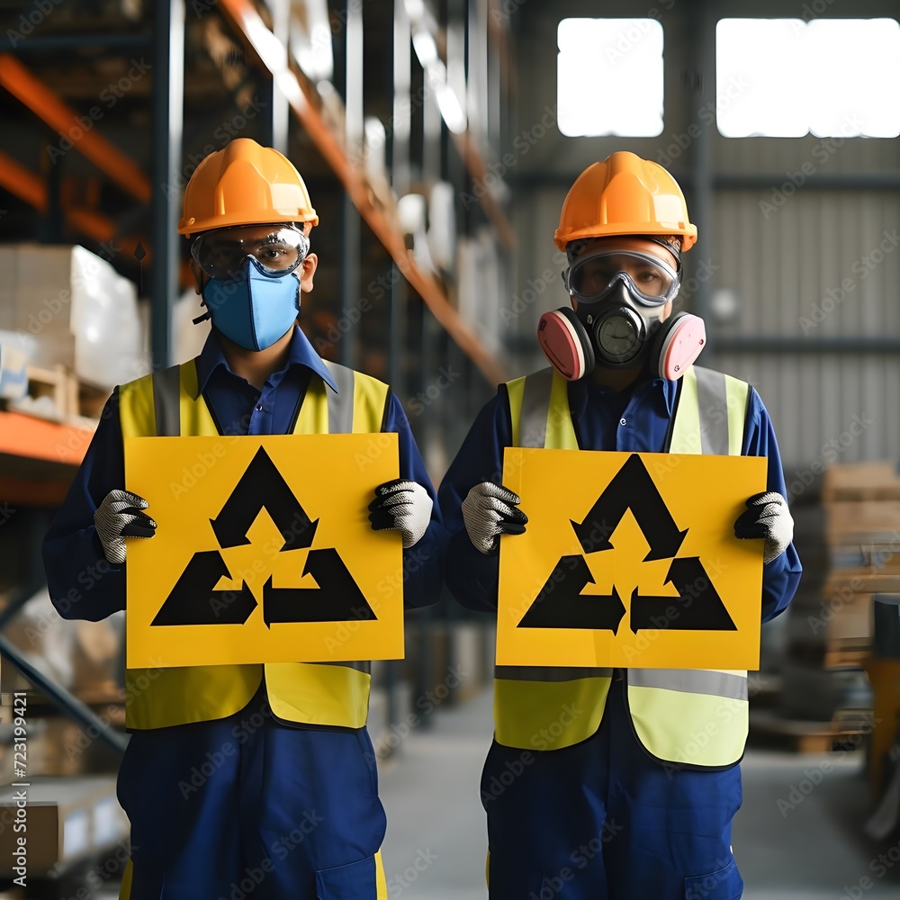 Close-up photograph of warehouse personnel holding warning signs for ...