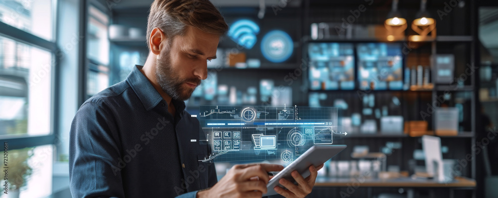 Tech Professional Using Virtual Interface for Data Management. Man ...
