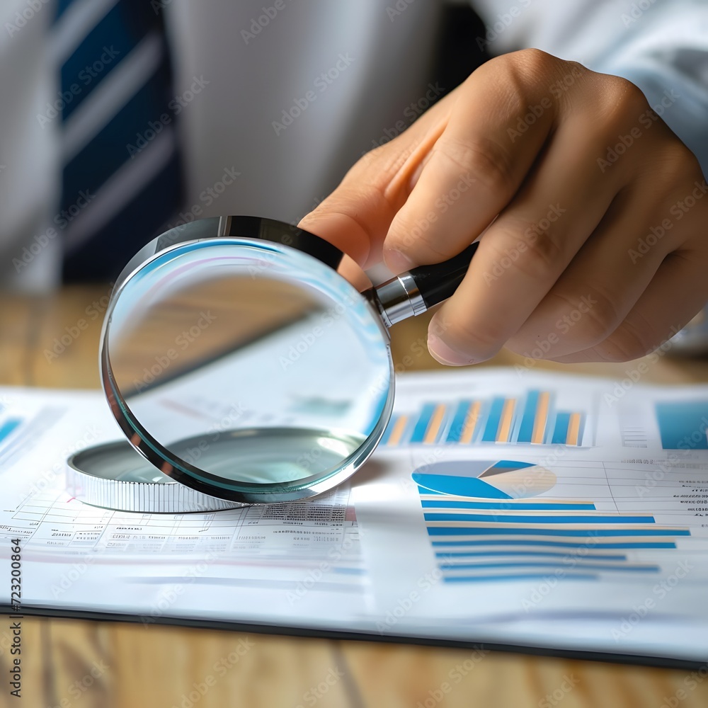 Close-up shot of a hand holding a magnifying glass over a document on ...