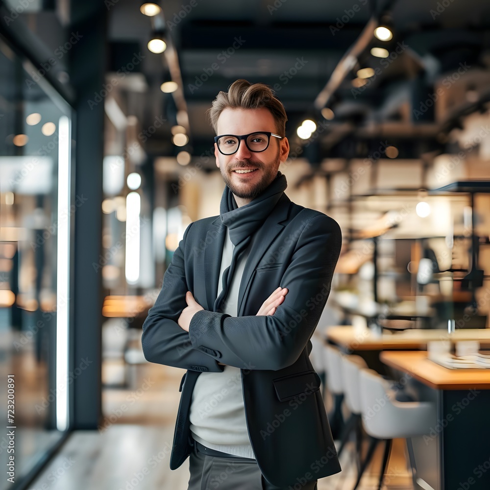 An ambitious business owner confidently standing in front of a modern ...