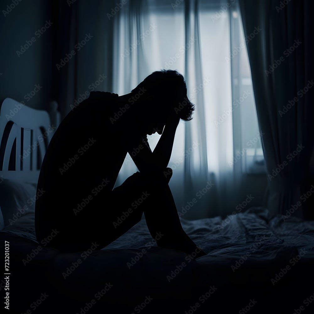 Silhouette of a depressed man sitting on the edge of a bed in a dark ...