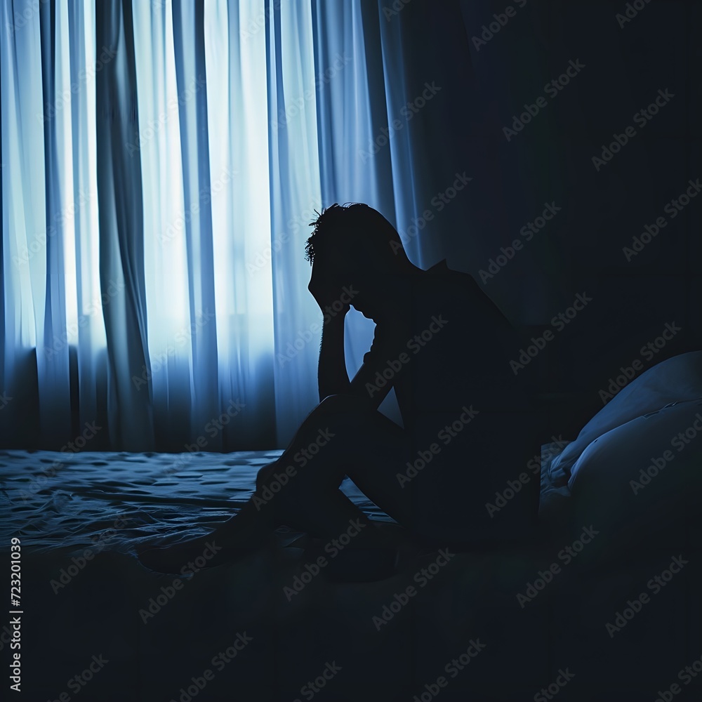 Silhouette of a depressed man sitting on the edge of a bed in a dark ...