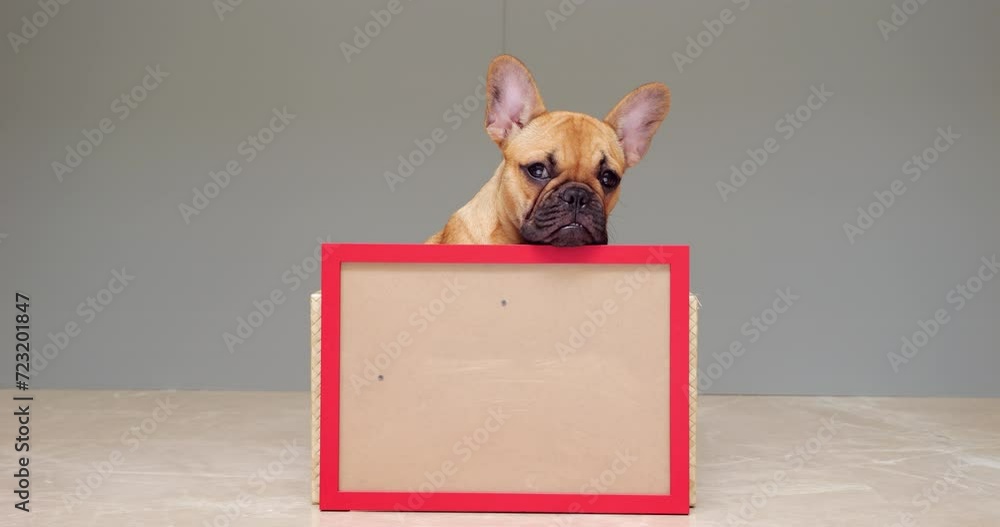 Vidéo Stock Sad French Bulldog puppy sits with empty placard, its ...