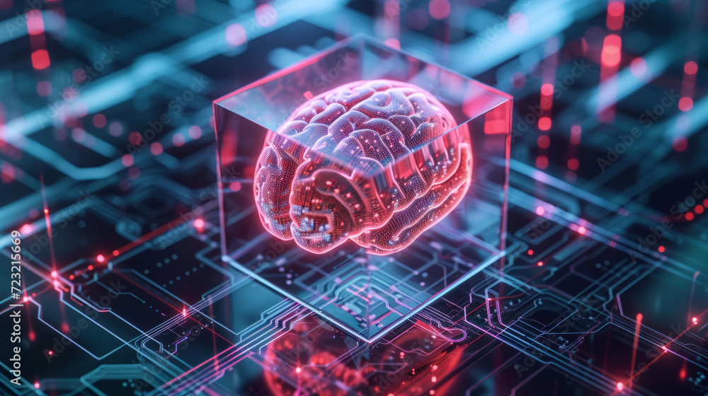 Human brain encased in transparent cube on AI chip technology Stock ...