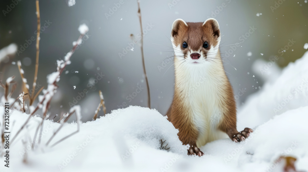 Wild weasel observing nature in snow in winter Stock Photo | Adobe Stock