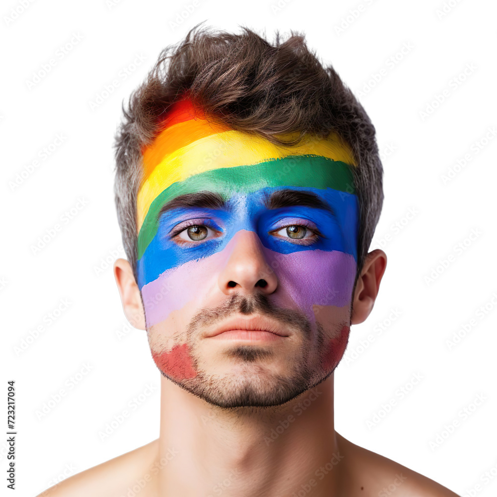 Front view of a half body shot of a gay man face painted in the colors ...