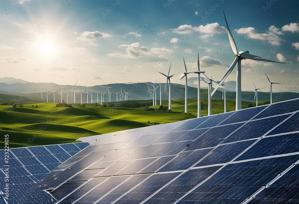 Sustainable energy Solar and wind turbines farm Sustainable resources ...