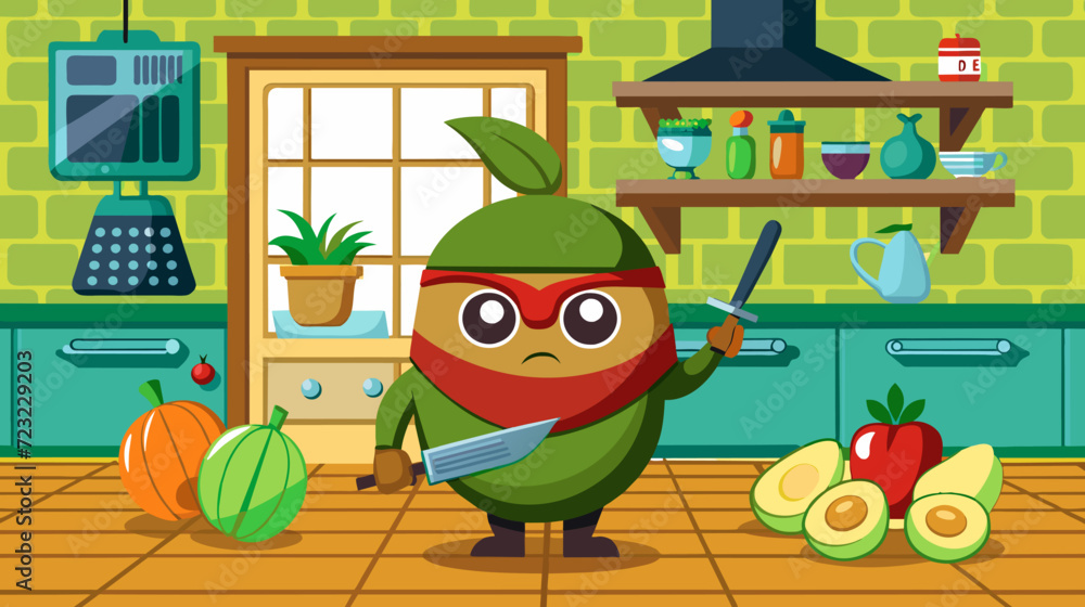 Ninja avocado cartoon character in a kitchen setting with fruits and ...