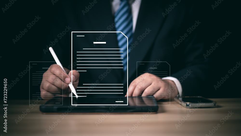 Electronic signature business concept. Businessman signs an electronic ...