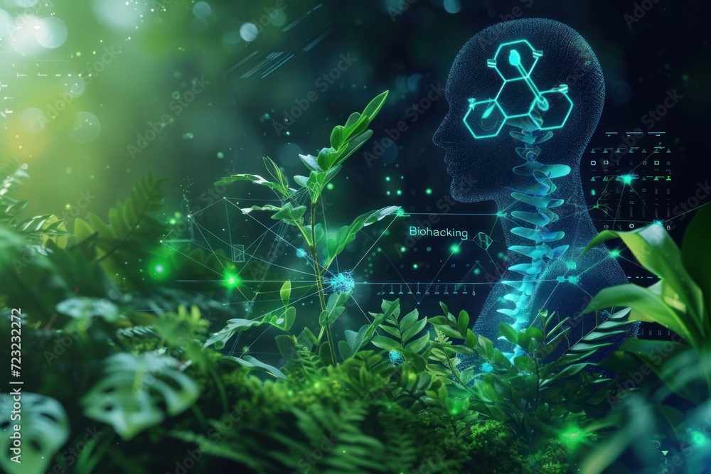 A digital human silhouette with biohacking symbols integrated with lush ...
