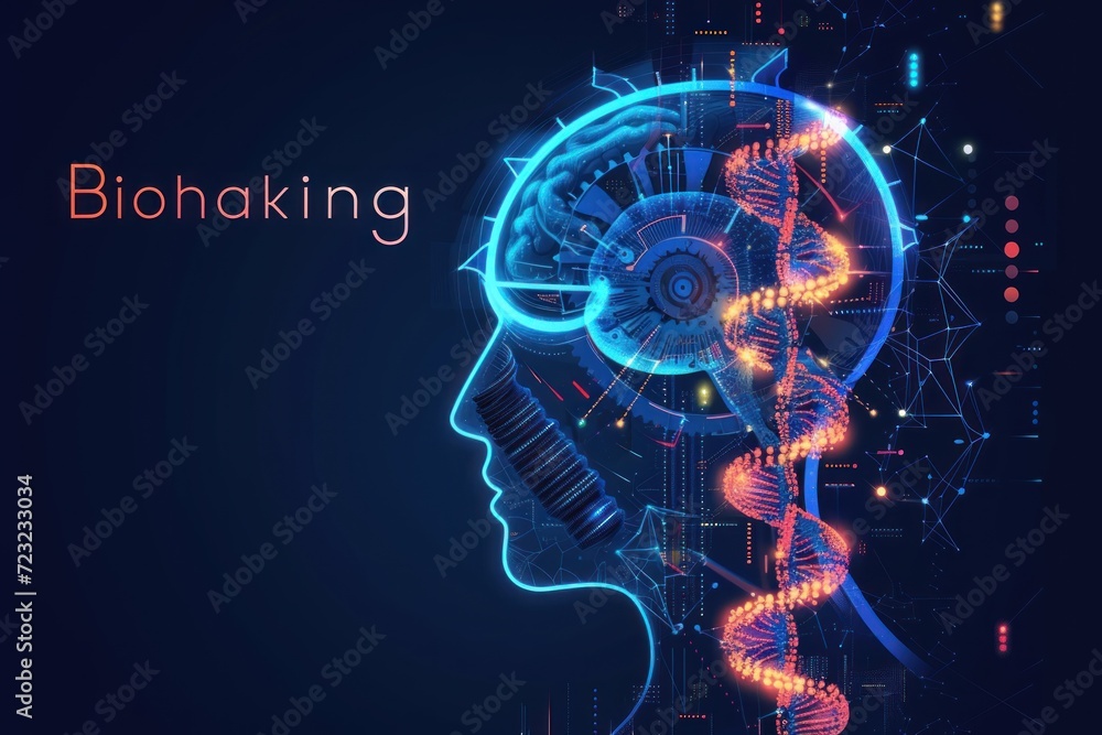 Head silhouette with gear brain bio hacking concept illustration. Face ...