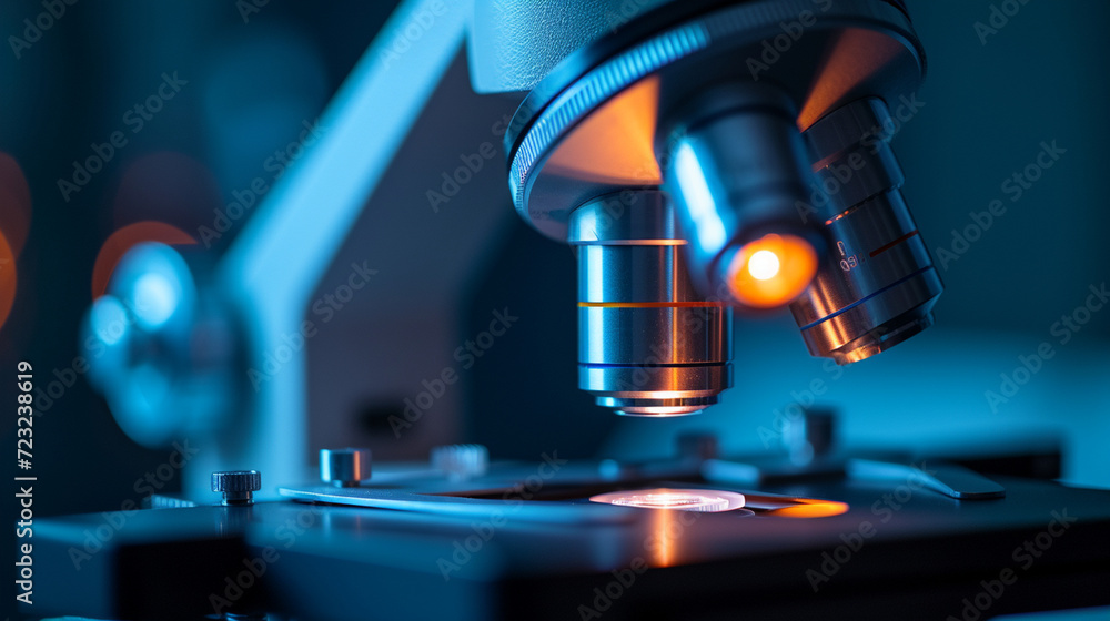 A close-up of a microscope lens with a slide, illuminated by a ...