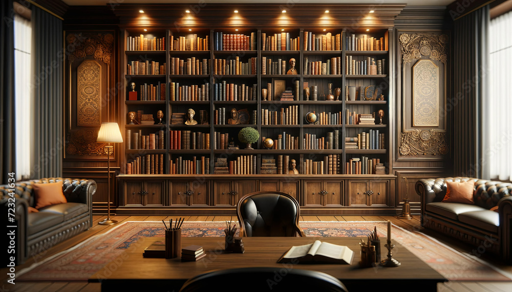 A classic and sophisticated home library setting, featuring a large ...