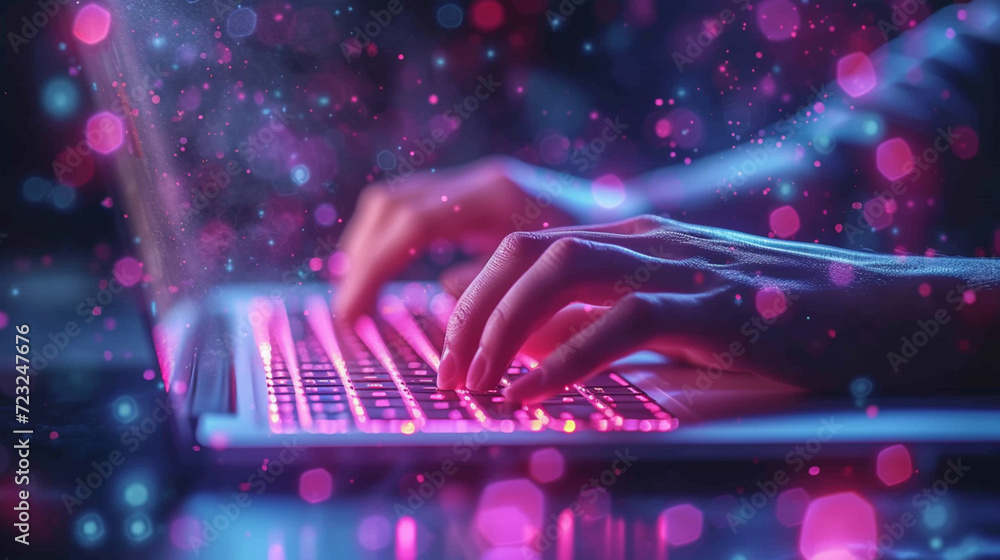 Intense focus, a person working on a laptop computer, hands on keyboard ...