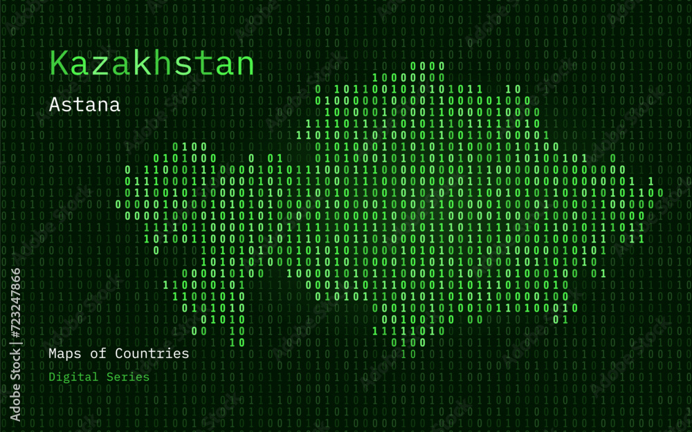 Vetor de Kazakhstan, Qazaqstan Map Shown in Binary Code Pattern. TSMC. Green Matrix numbers ...